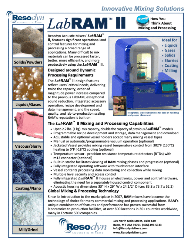 LabRAM II Laboratory Mixer Product Data Sheet - Resodyn Acoustic Mixers