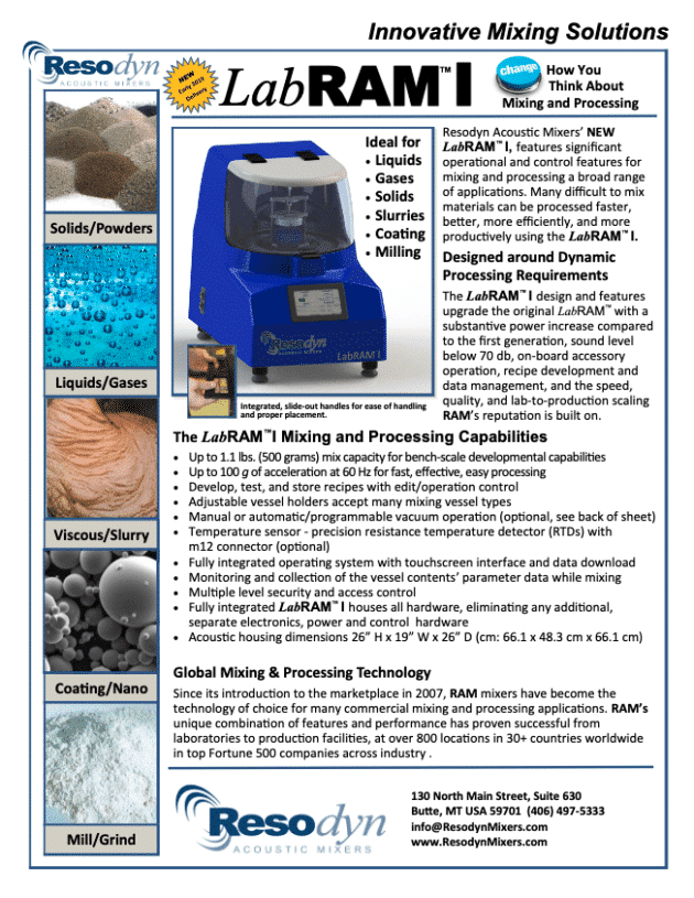 LabRAM I Product Data Sheet - Resodyn Acoustic Mixers